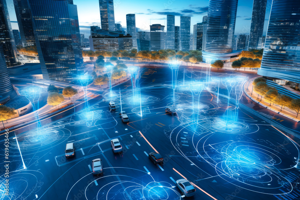 Overhead view of roads in a futuristic city with autonomous vehicles ...