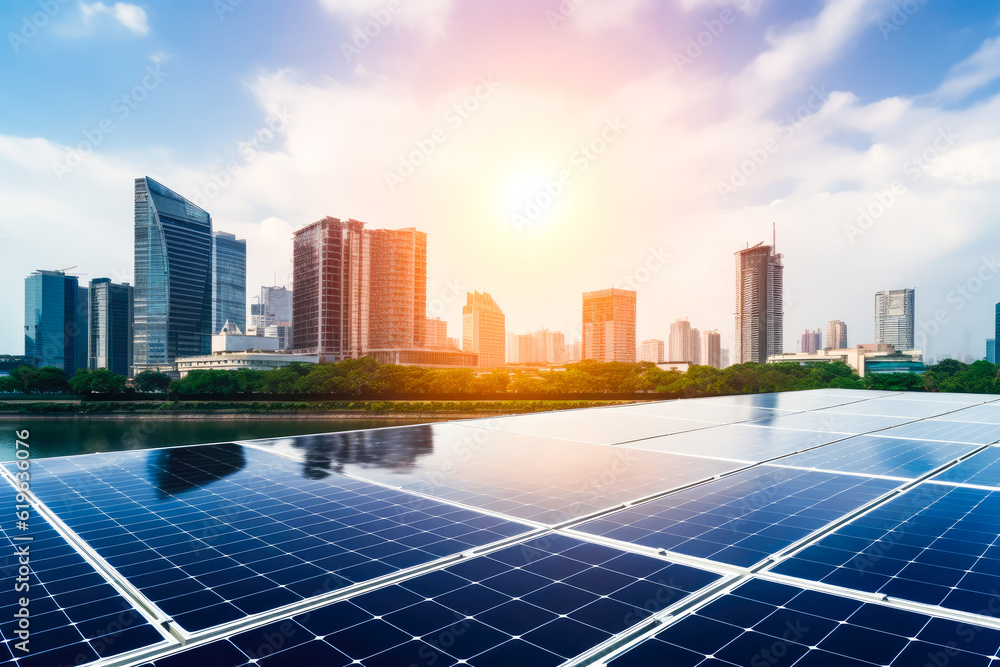 Solar panel array with a city skyline in background, showcasing the ...