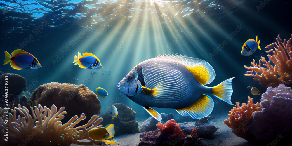 Multi-colored tropical fish swimming underwater against the backdrop of ...