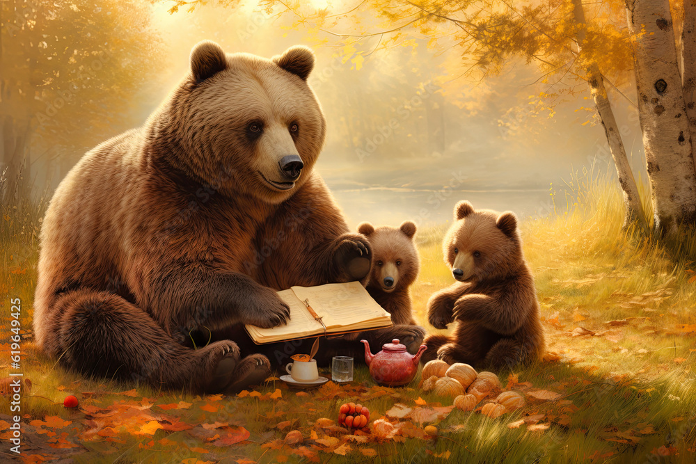 A family of bears in a snug park picnic; the elder bear reading, little ...