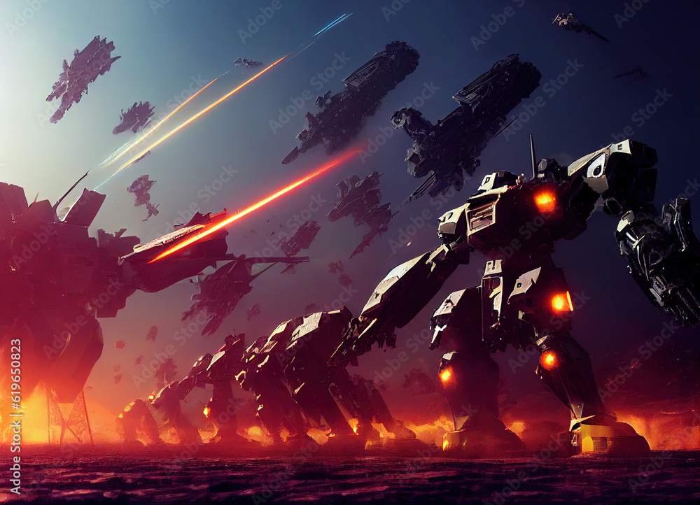 Ravishing and powerful mech warrior in advanced armor stand in combat ...