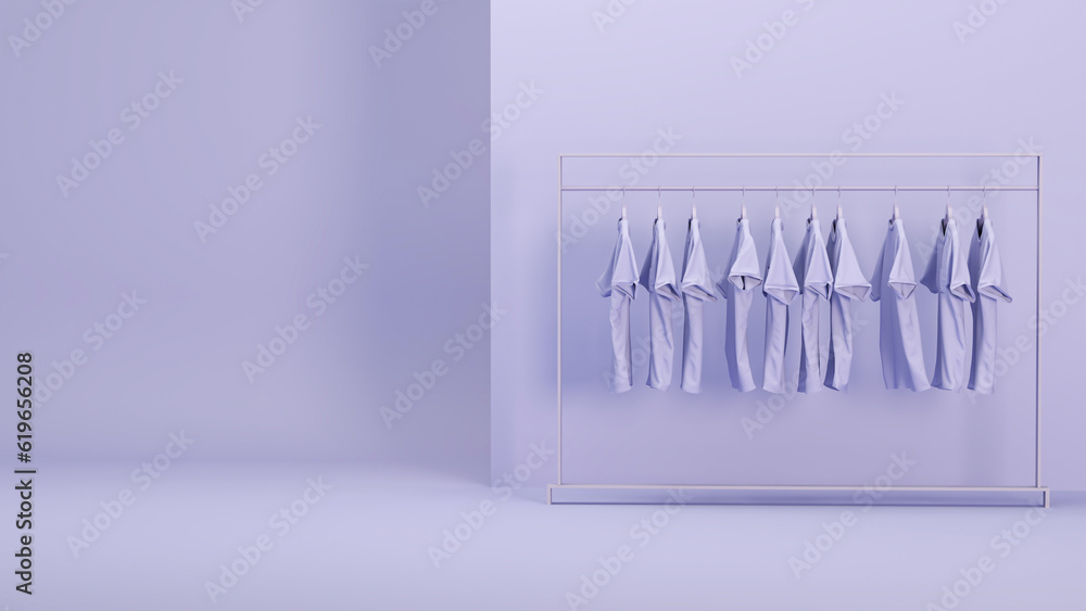 Mens and women cloth shelf, store shelf. Clothes on podium on pastel ...