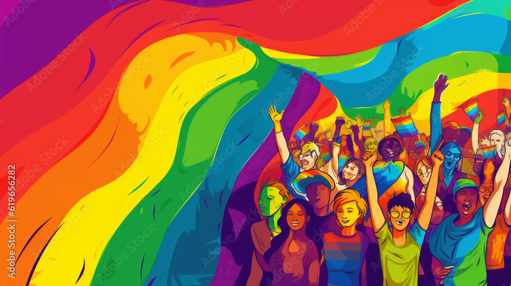 Pride month celebrations happy people , fantastic rainbow Pop art ...