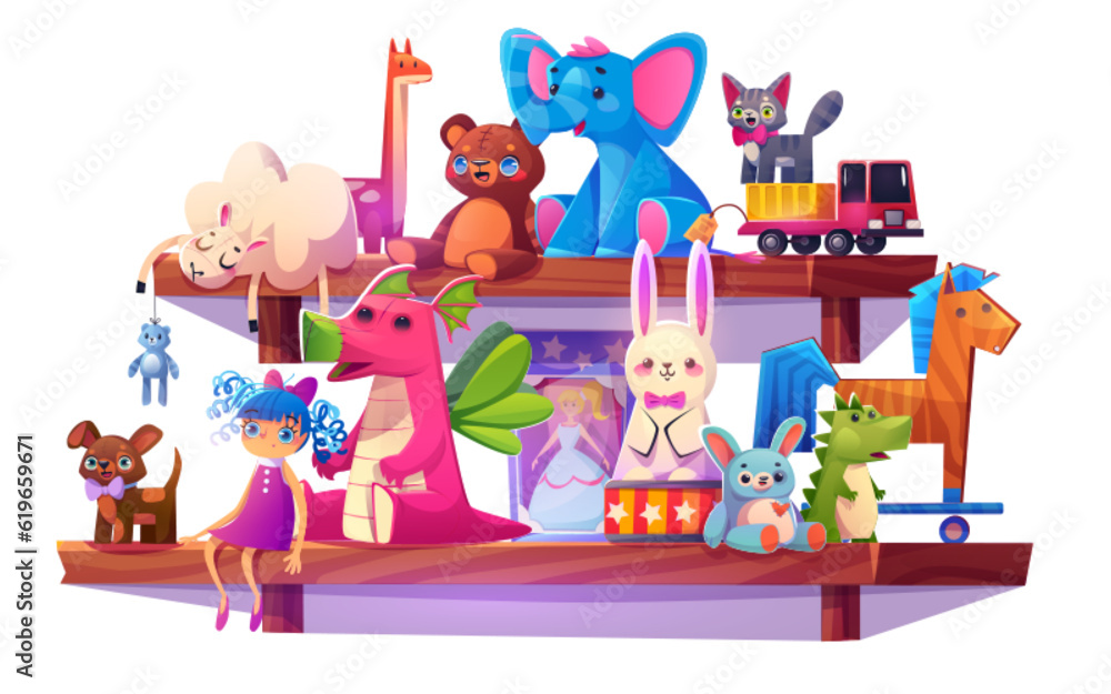 Toy shelf for baby store cartoon game illustration. Wood shop rack ...