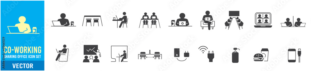 Co-working space icon set. Included icons as coworkers, coworking ...