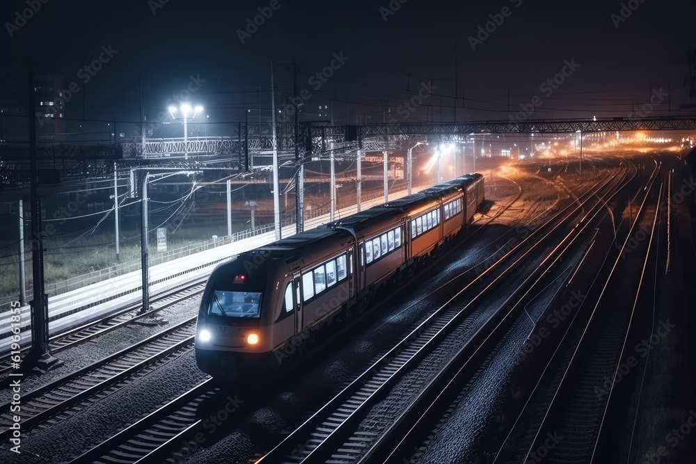 Electric passenger train drives at high speed among city at night, high ...