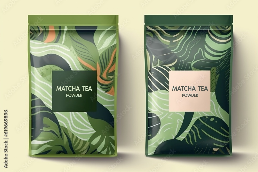 Generative AI. Green tea matcha powder packaging design concept ...