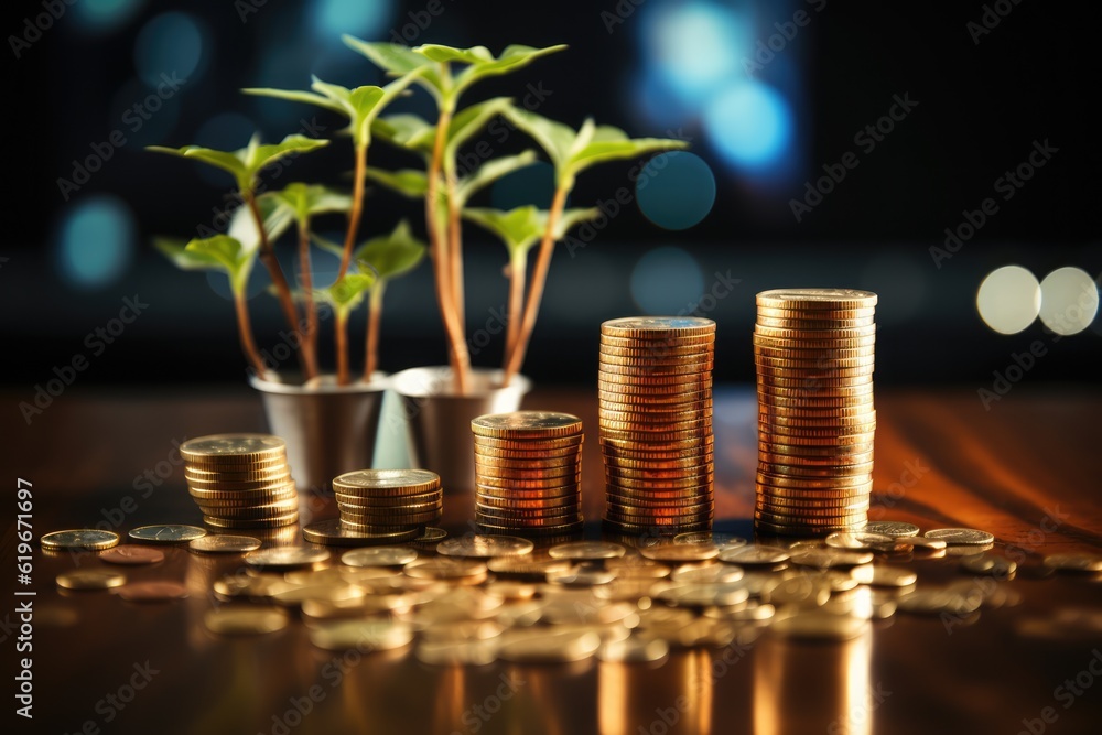 Currency coins stack growth graph with bokeh light on background ...