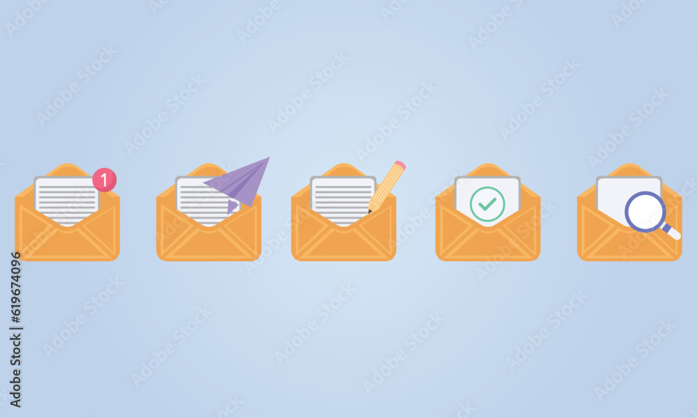 open mail envelope icon set with marker new message isolated. Render ...
