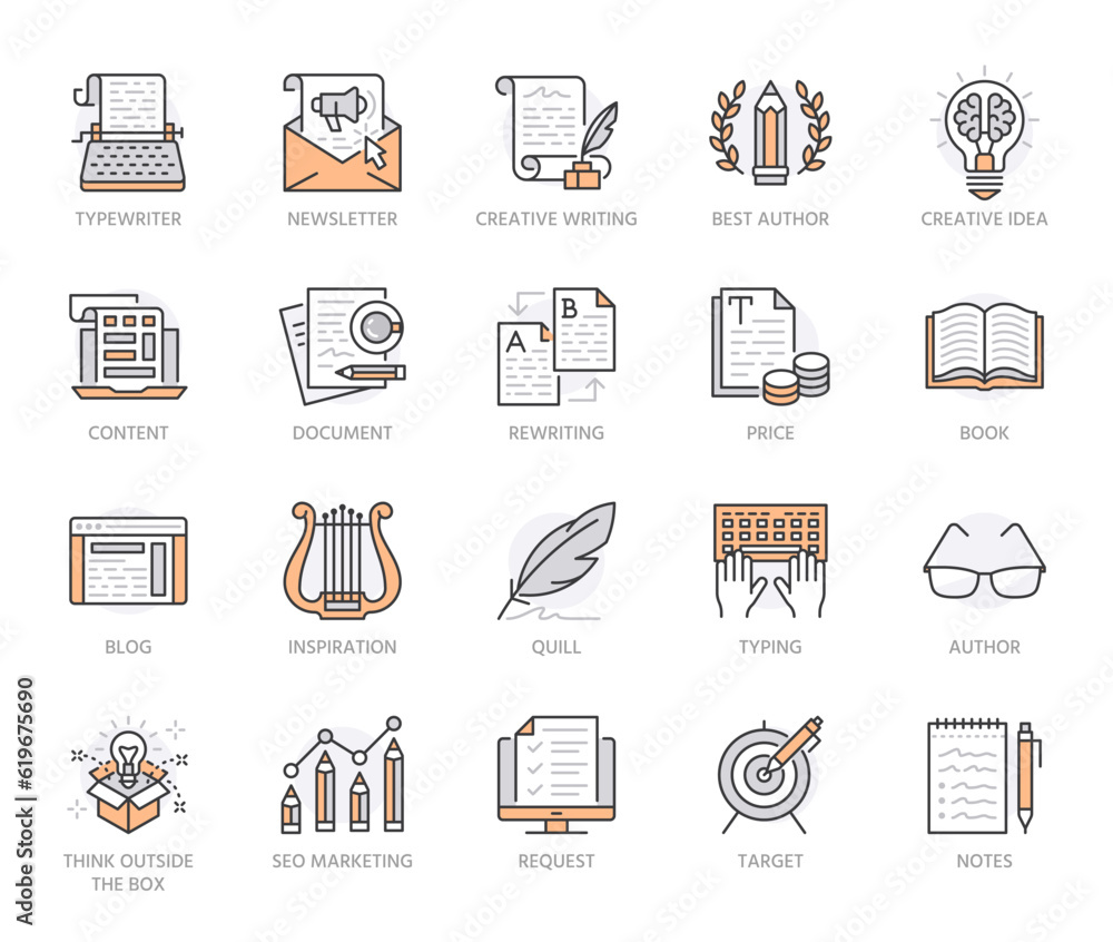 Copywriting flat line icons set. Writer typing text, social media ...