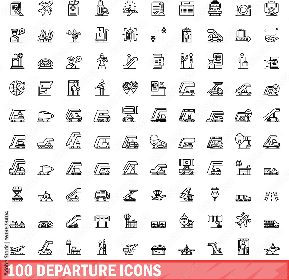 100 departure icons set. Outline illustration of 100 departure icons ...