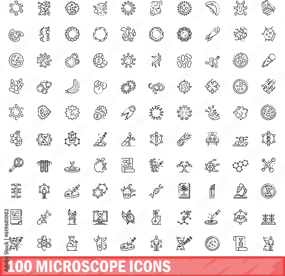 100 microscope icons set. Outline illustration of 100 microscope icons ...