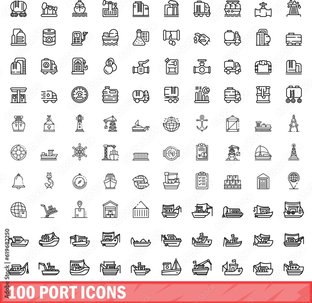 100 port icons set. Outline illustration of 100 port icons vector set ...