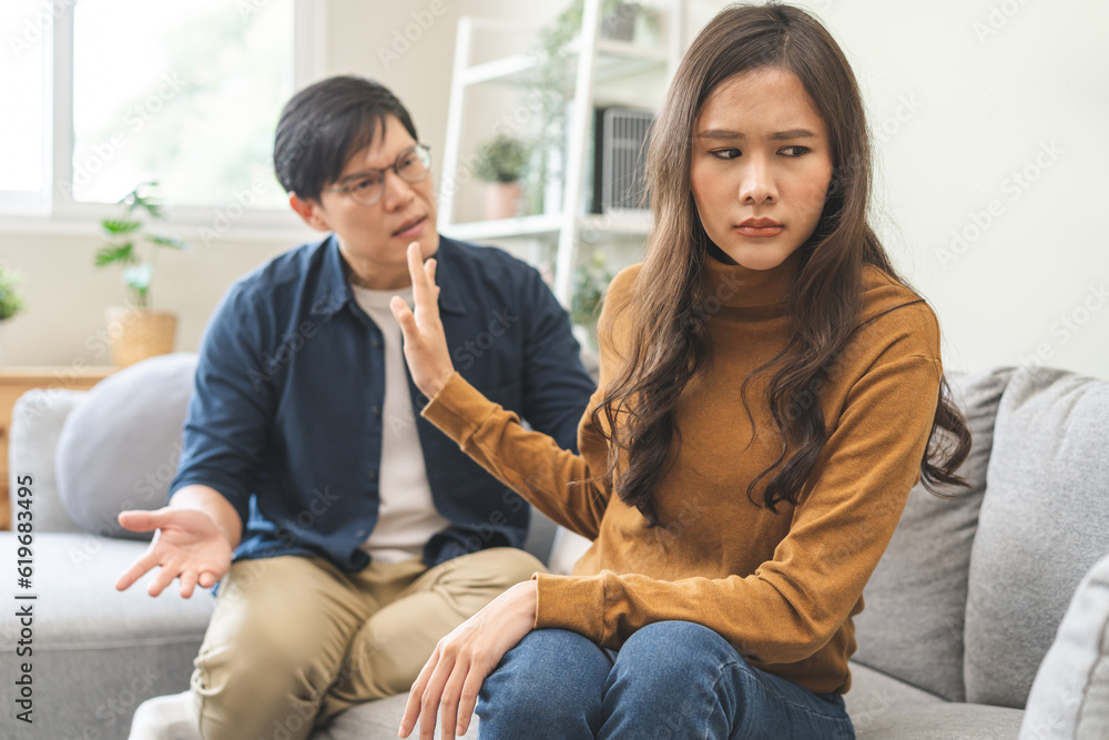 Breakup and depressed, asian young quarrel couple love fight ...