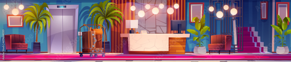 Hotel lobby interior with reception vector cartoon background. Business ...