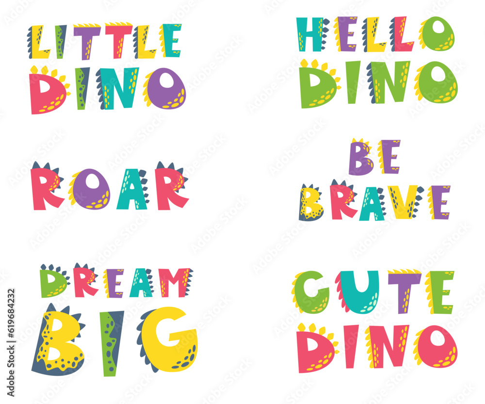 Collection of vector inscriptions in the style of dinosaurs. Roar, cute ...