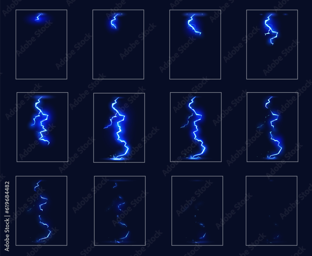 Cartoon lightning sprite animation effect, vector fx game ui. Thunder storm and thunderbolt ...
