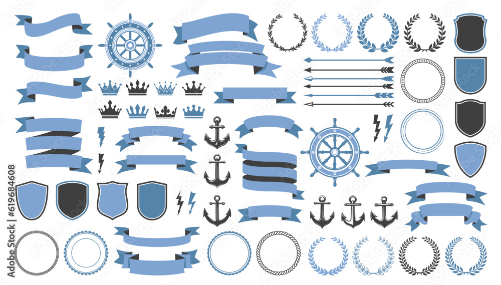 Badge, seal, laurel wreath and vintage crown, arrow, anchor and shield ...