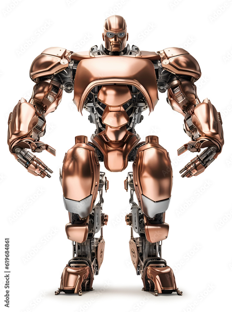 Giant bodybuilder robot made of steel and copper metal, isolated, AI ...