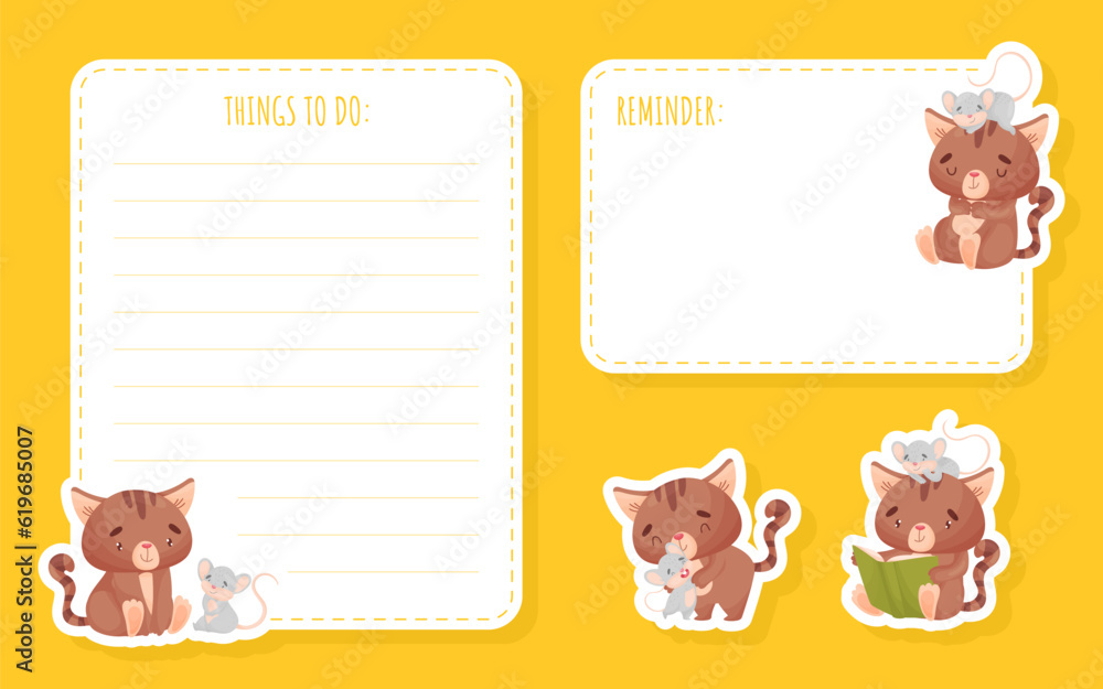 Note and Reminder Card with Cute Friendly Cat and Mouse Vector Template ...