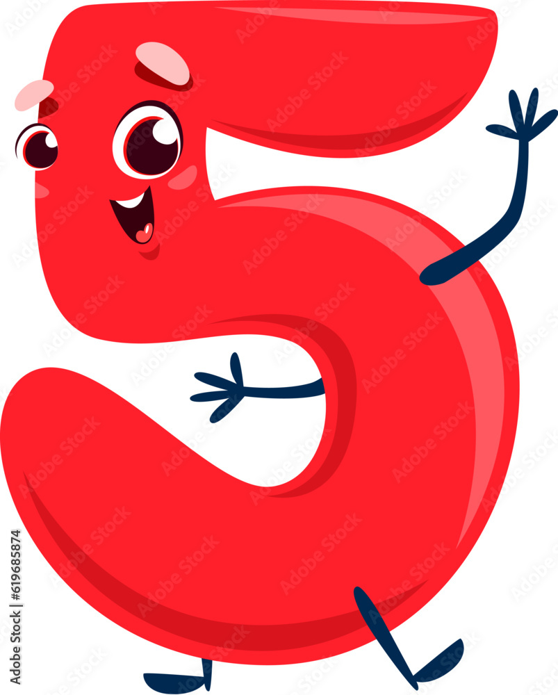 Cartoon cute funny number character of 5 five, vector kids mathematics ...