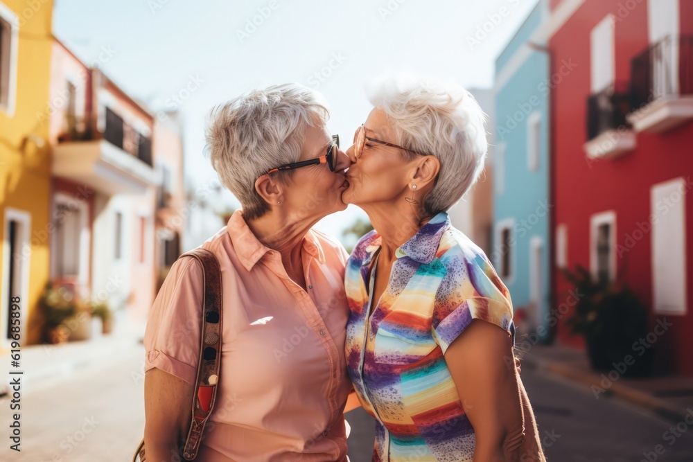 Senior gay lesbian couple kissing during summer vacation. Made with ...