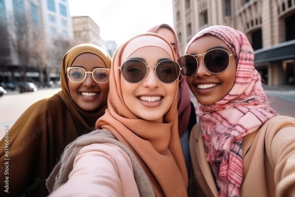 Selfie of smiling muslim womens, city background. for social media ...