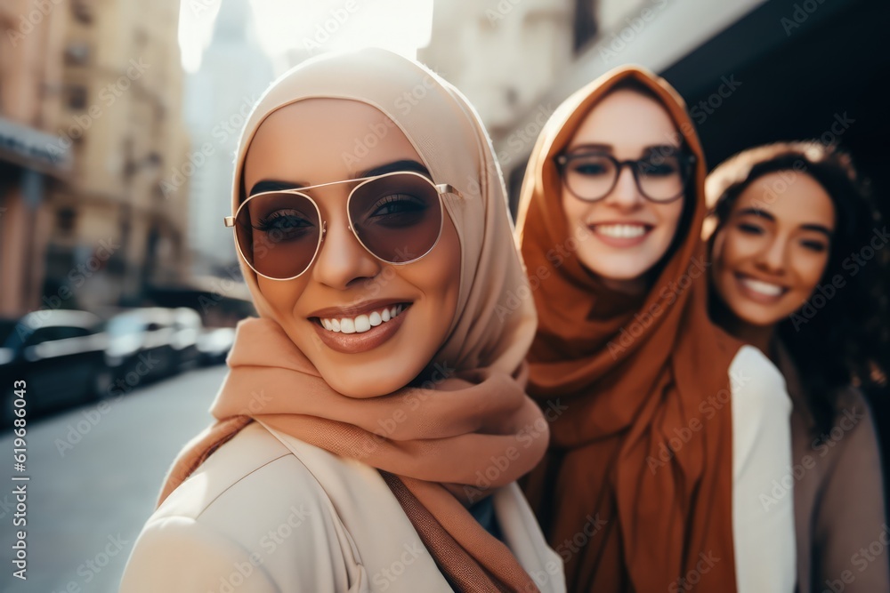 Selfie of smiling muslim womens, city background. for social media ...