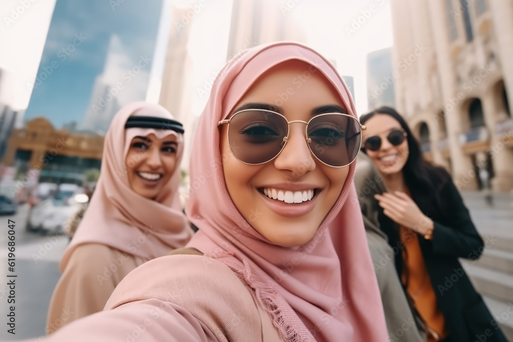 Selfie of smiling muslim womens, city background. for social media ...