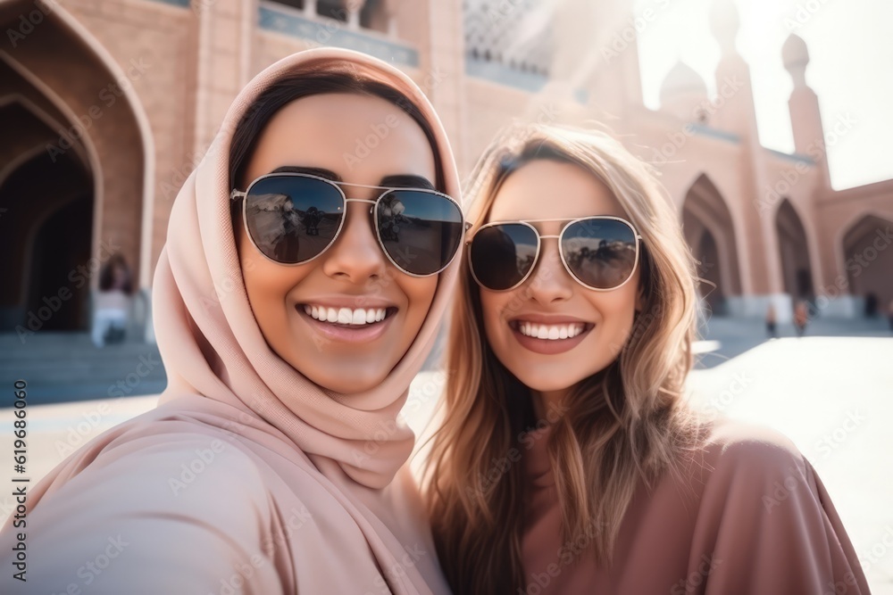 Selfie of smiling muslim womens, city background. for social media ...