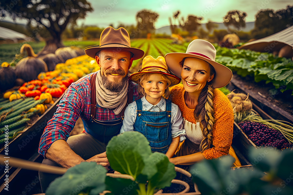 Happy father mom and daughter with hats on a farm plot in a village ...