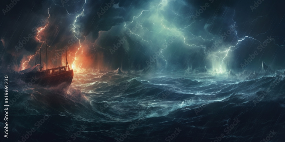 Bright lightning in a raging sea. A strong storm in the ocean. Big ...