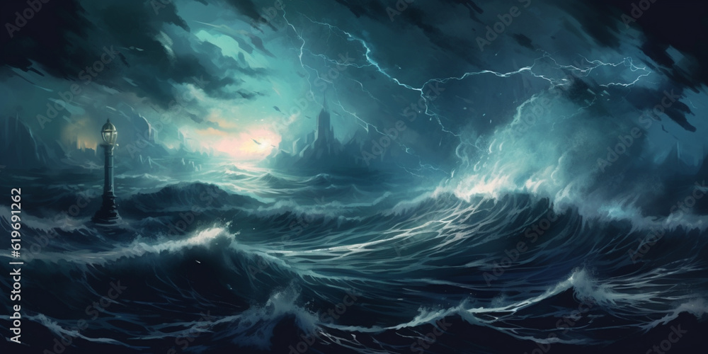 Bright lightning in a raging sea. A strong storm in the ocean. Big ...