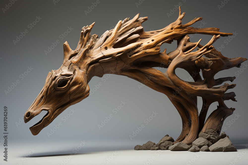 An abstract sculpture crafted from natural materials like driftwood and ...