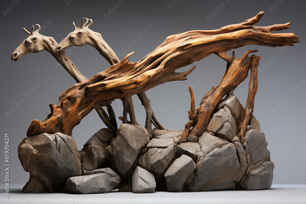An abstract sculpture crafted from natural materials like driftwood and ...