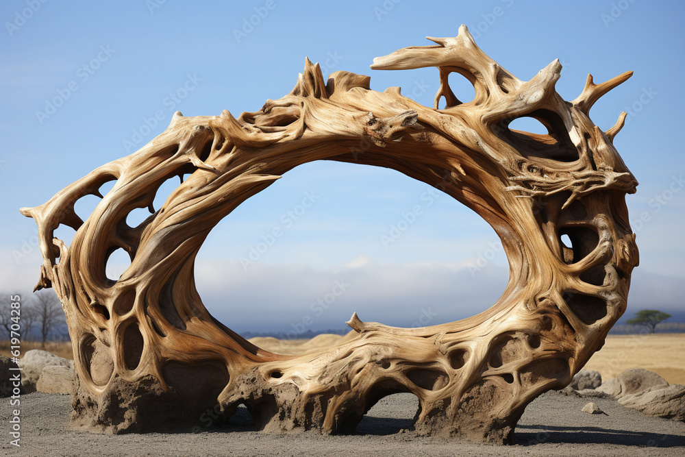 An abstract sculpture crafted from natural materials like driftwood and ...