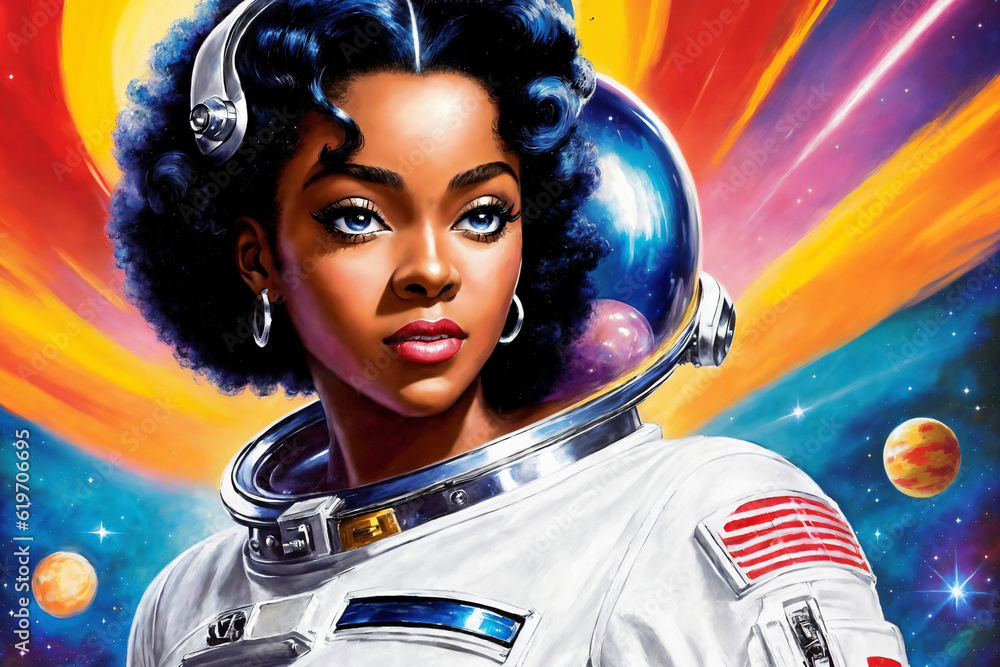 Portrait of a beautiful woman as an astronaut on background of stars ...