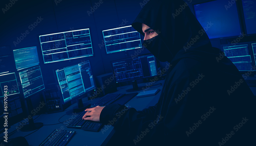 Hacker sitting in front of computers, breaching into various systems, cybersecurity, breaking ...