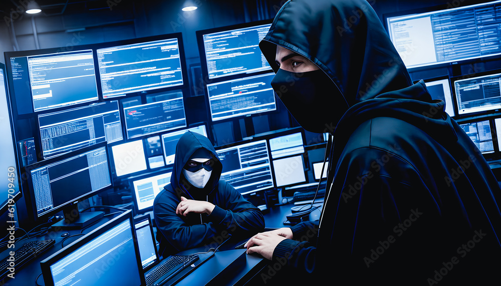 Hacker sitting in front of computers, breaching into various systems ...