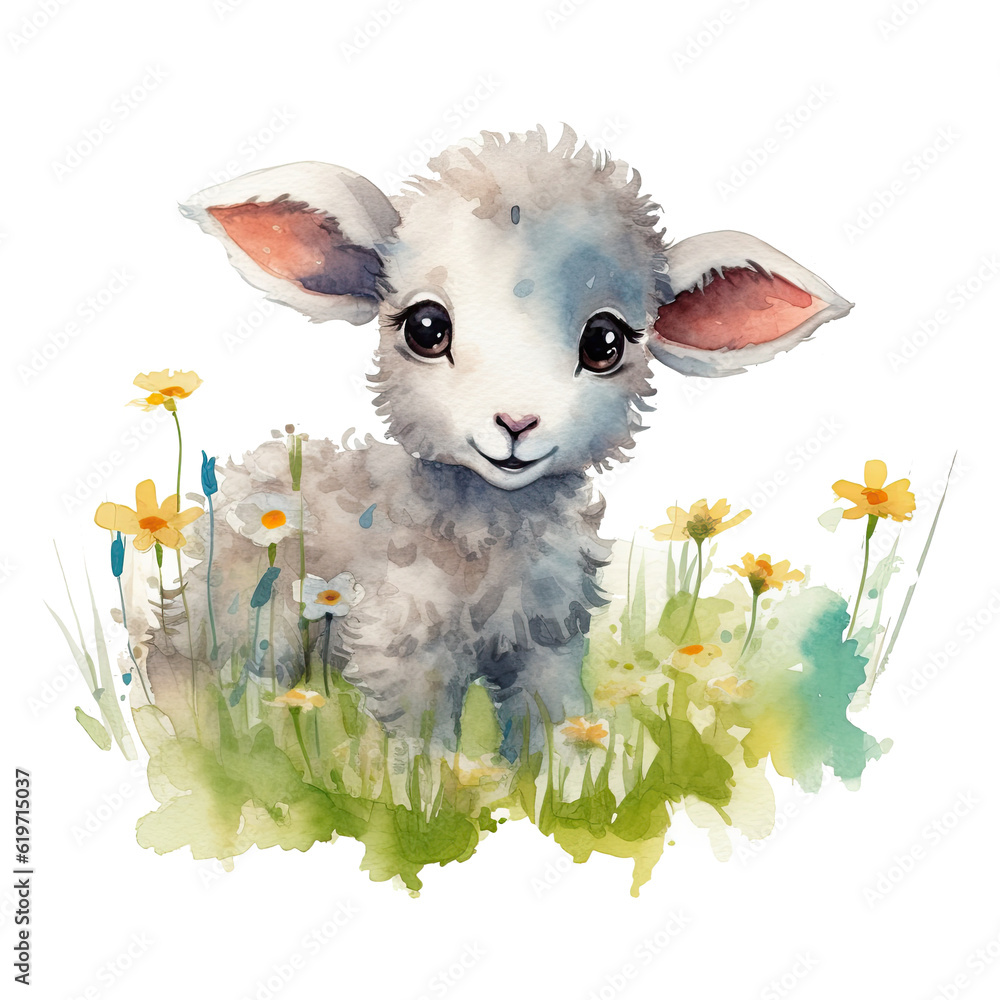 Watercolor cute little sheep. Happy farm animal cartoon illustration ...