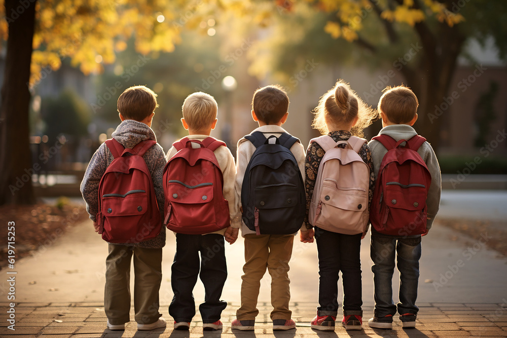 A group of first graders go to enrollment on their first day at school ...