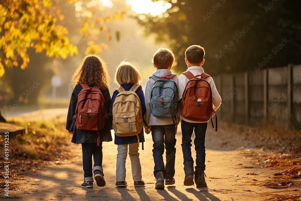 A group of first graders go to enrollment on their first day at school ...
