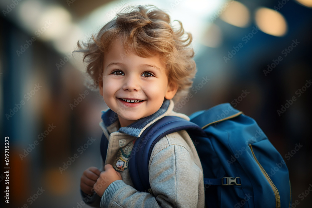 happy first grader boy with knapsack on his first day at school ...