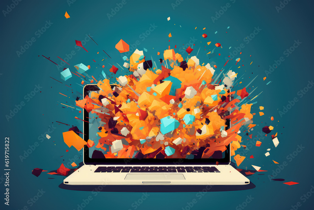 Broken computer front view on flat colored background. Exploding laptop ...