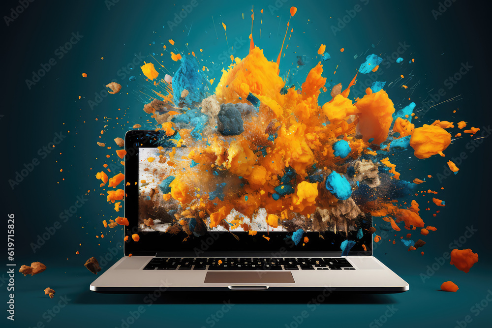 Broken computer front view on flat colored background. Exploding laptop ...
