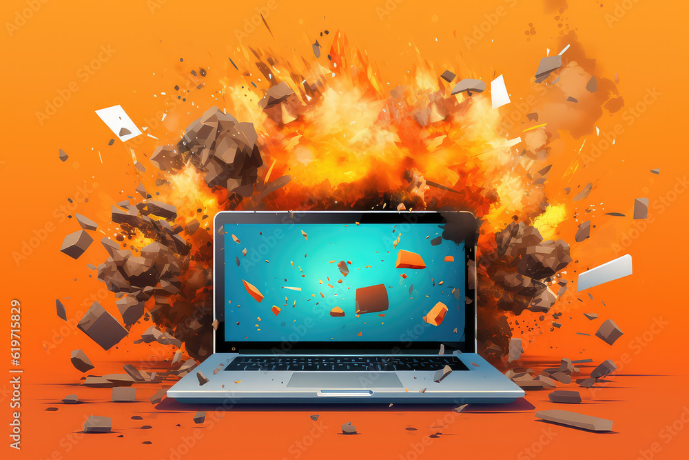 Broken computer front view on flat colored background. Exploding laptop ...
