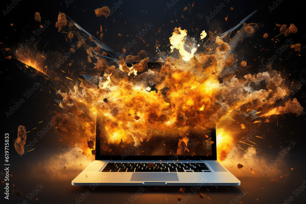 Broken computer front view on flat colored background. Exploding laptop ...