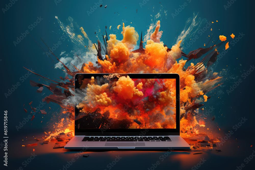 Broken computer front view on flat colored background. Exploding laptop ...