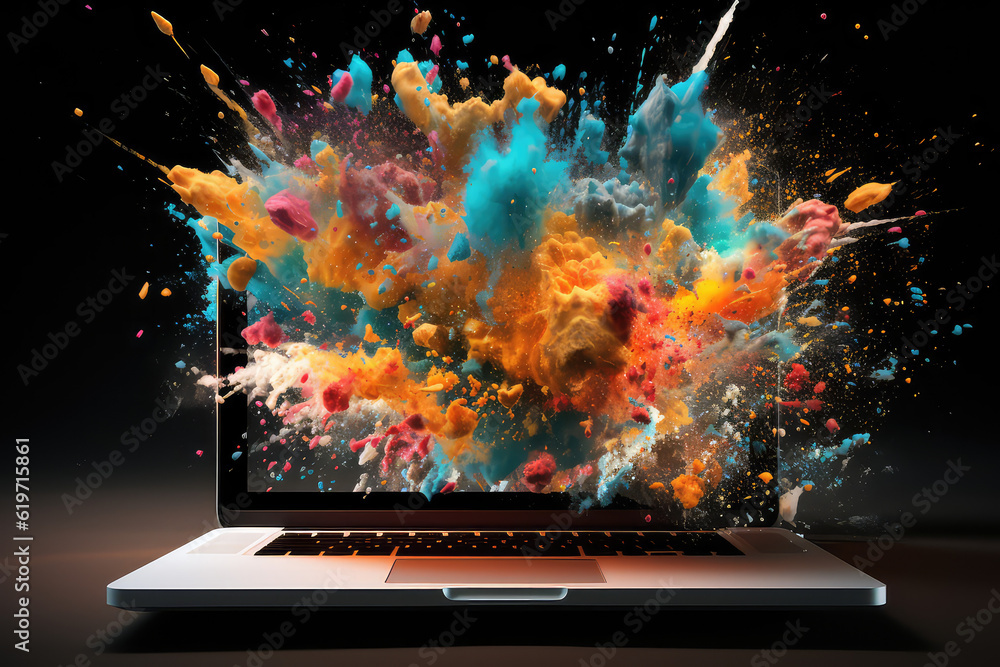 Broken computer front view on flat colored background. Exploding laptop ...