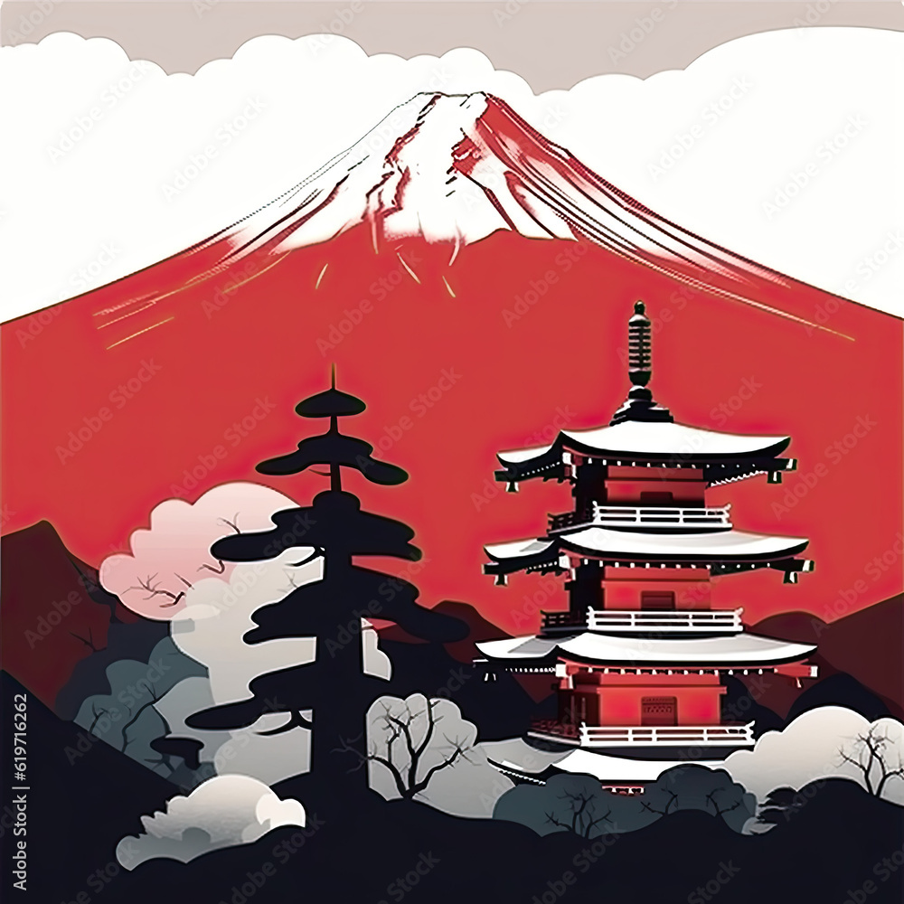 Traditional japan building from medieval age with mount Fuji, typical ...